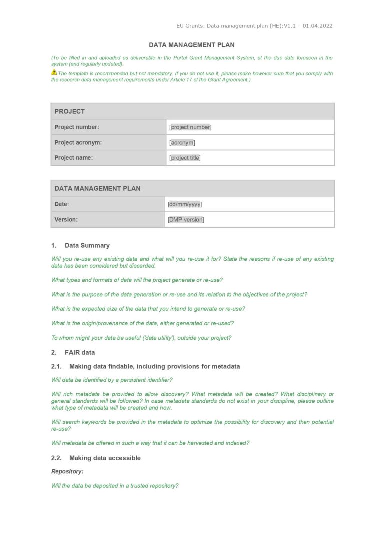 Horizon Europe Data Management Plan Template - Cohort Coordination Board